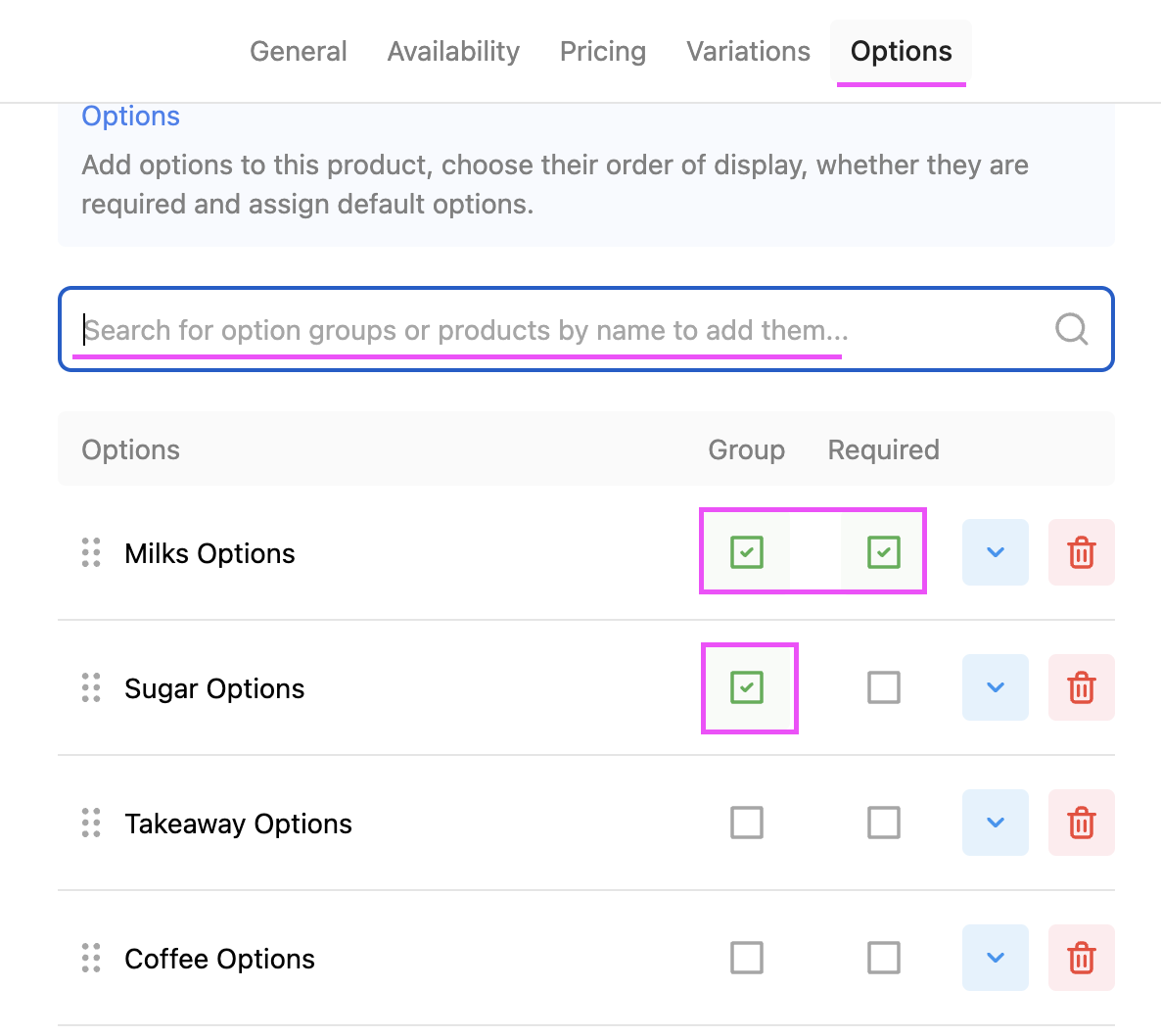 Create Option Groups / Modifiers